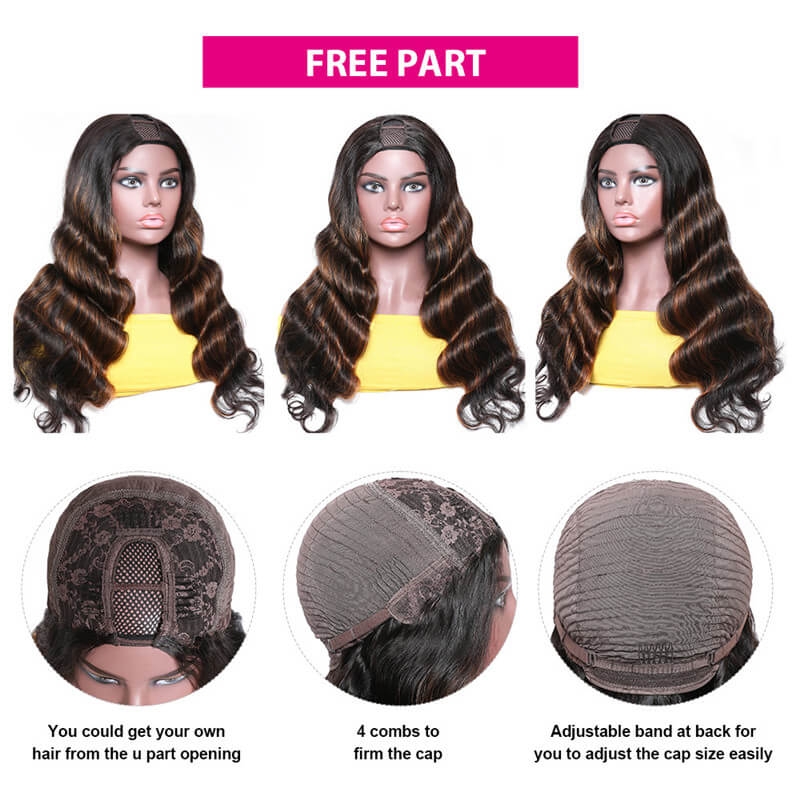 UNice Glueless Brown Highlight U Part Body Wave Wig 3 Minutes Install